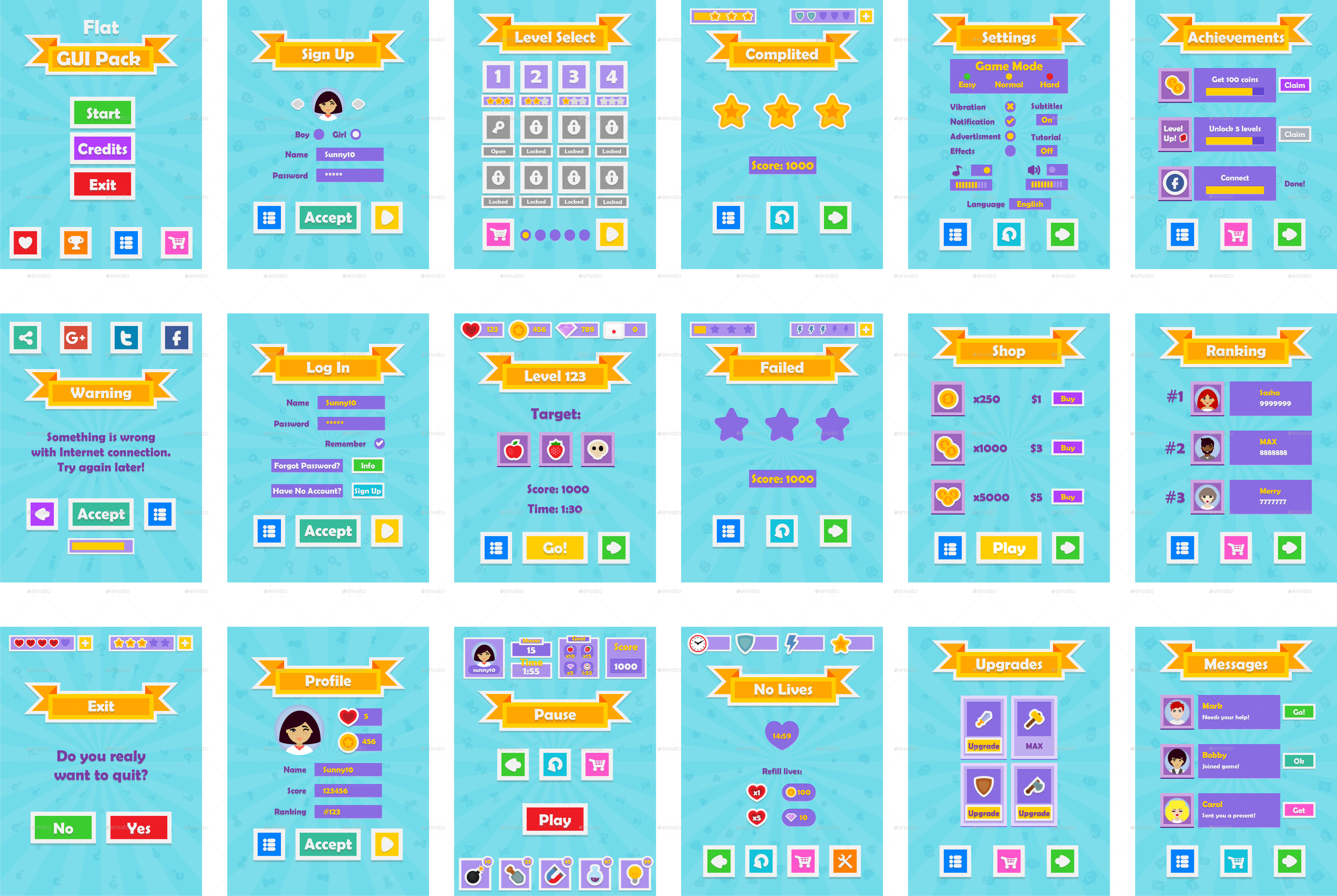 Flat Game User Interface Pack Game Assets Graphicriver